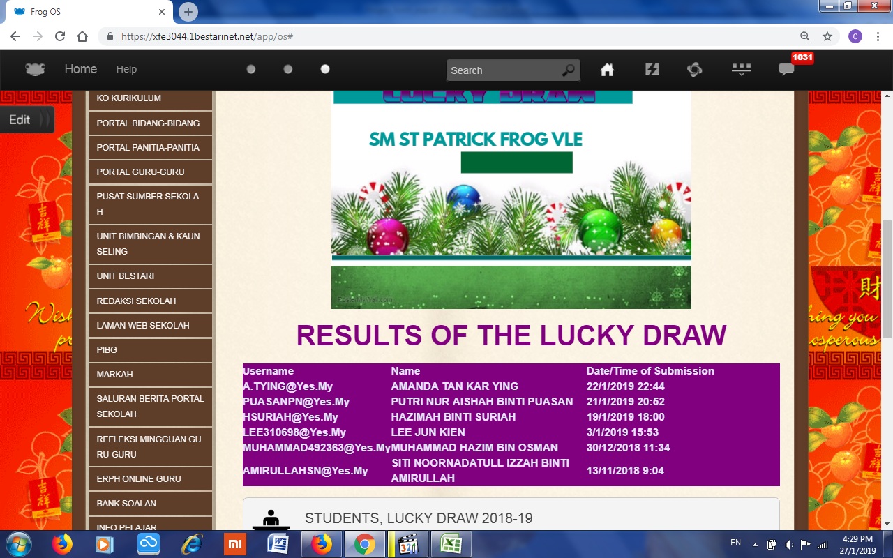 END OF 2018 FROG VLE LUCKY DRAW RESULT – SM ST PATRICK TAWAU